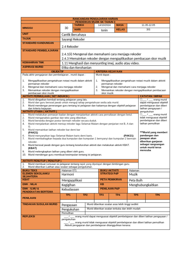 M29 RPH Pendidikan Muzik THN 3 2024-2025 by Cikgu Gorgeous | PDF
