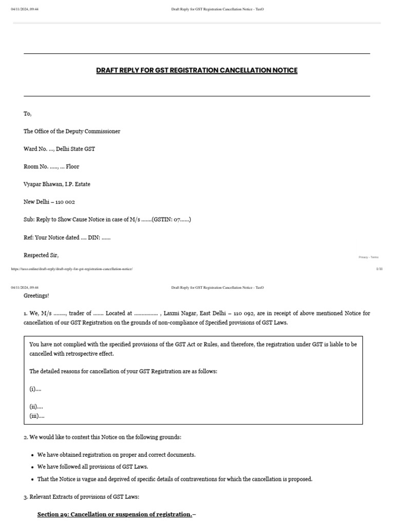 Draft Reply For GST Registration Cancellation Notice - TaxO | PDF ...