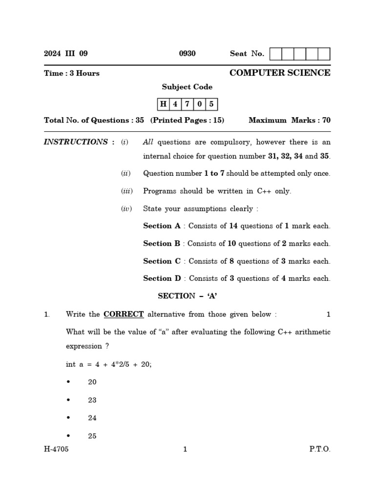 C++ Computer Science Exam Paper 2024 | PDF | Computer Network ...