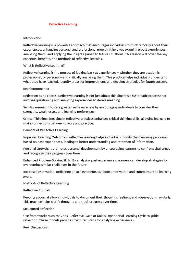 Reflective Learning | PDF | Reflective Practice | Learning