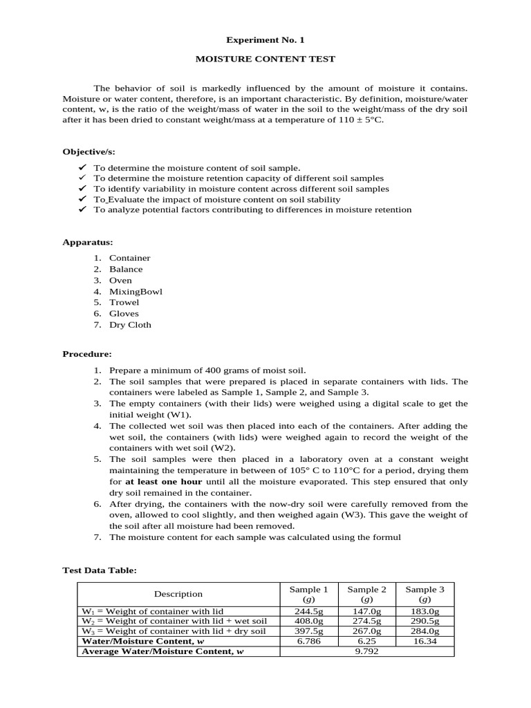 Laboratory 1 Moisture Content | PDF | Soil | Experiment