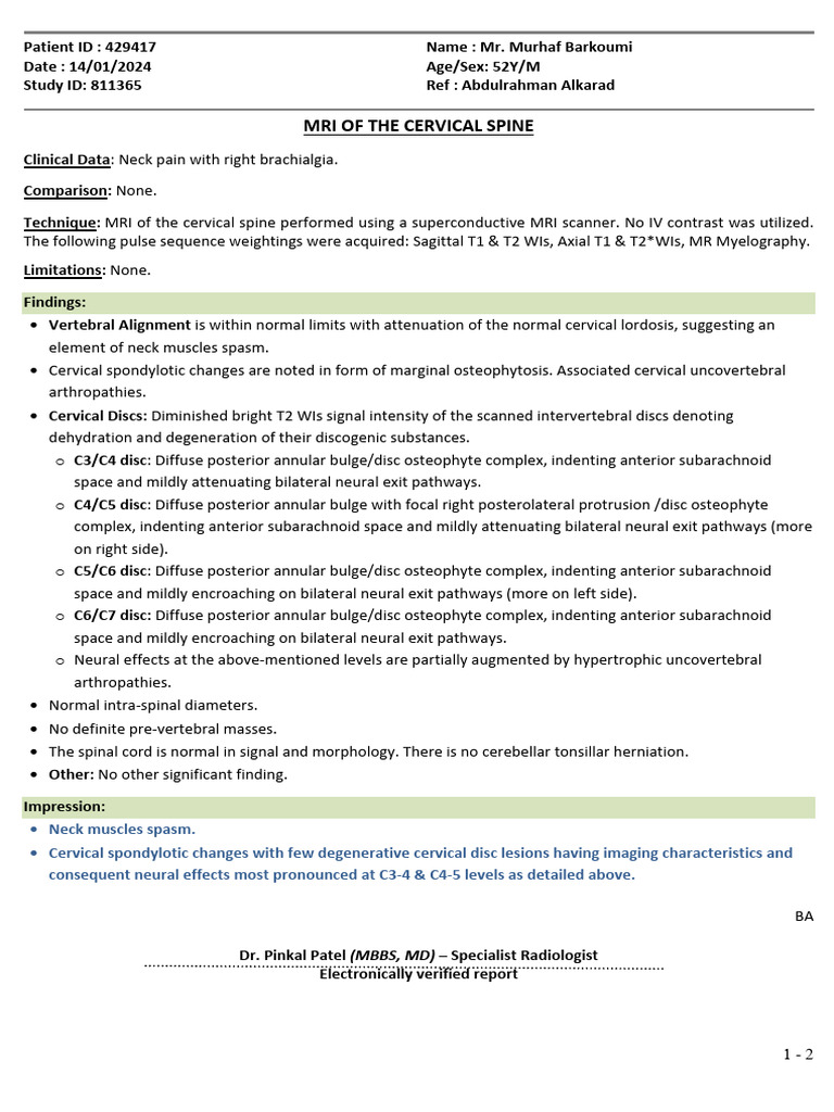Murhaf Barkoumi - 14 - 01 - 2024 - MR | PDF | Vertebral Column | Magnetic Resonance Imaging