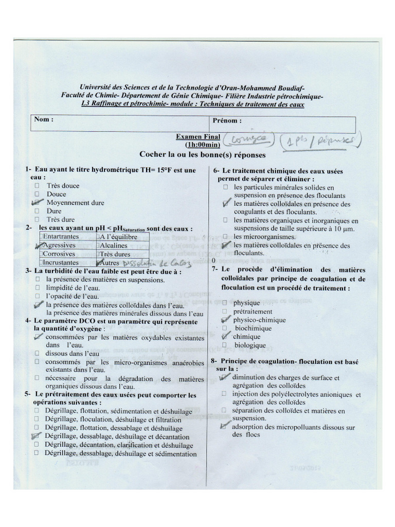 Corrige Examen de Techniques Traitements Des Eaux L3raff Petro | PDF