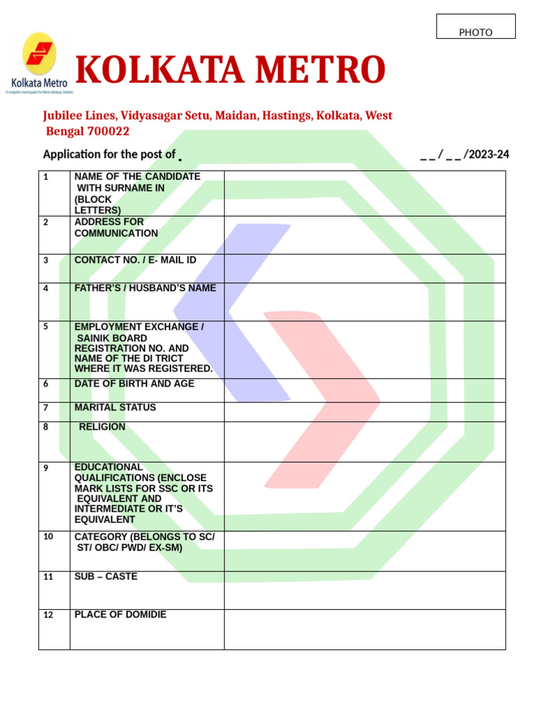 Kolkata Metro Application Form | PDF | Law