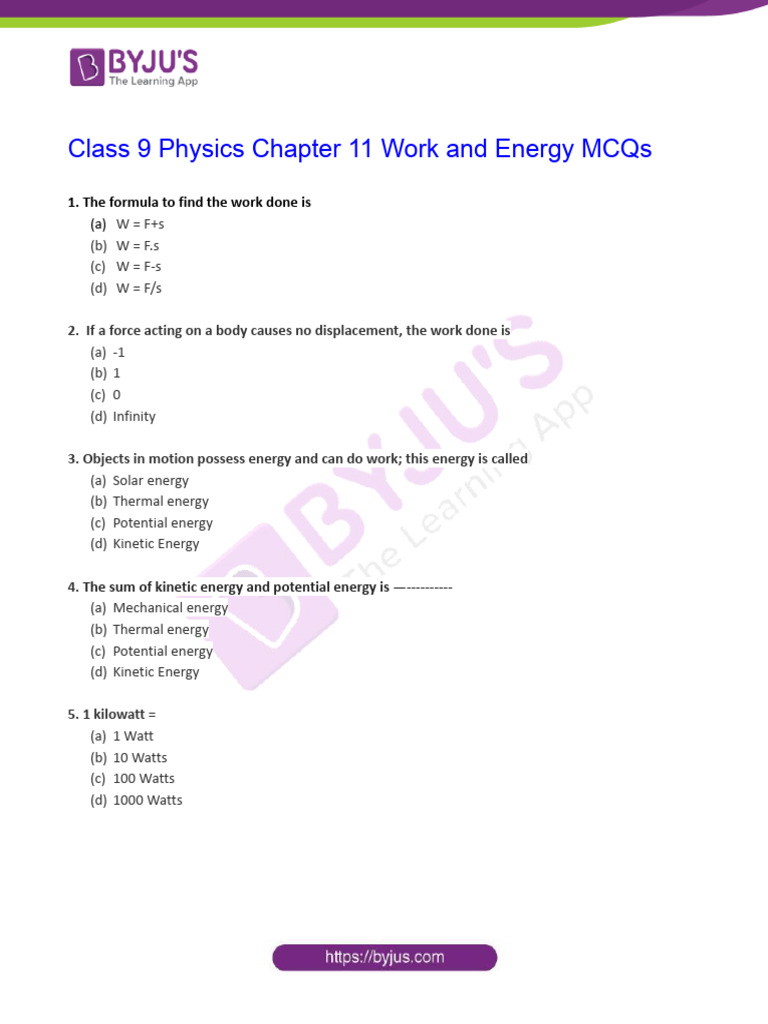 Class 9 Physics Chapter 11 Work and Energy MCQs | PDF