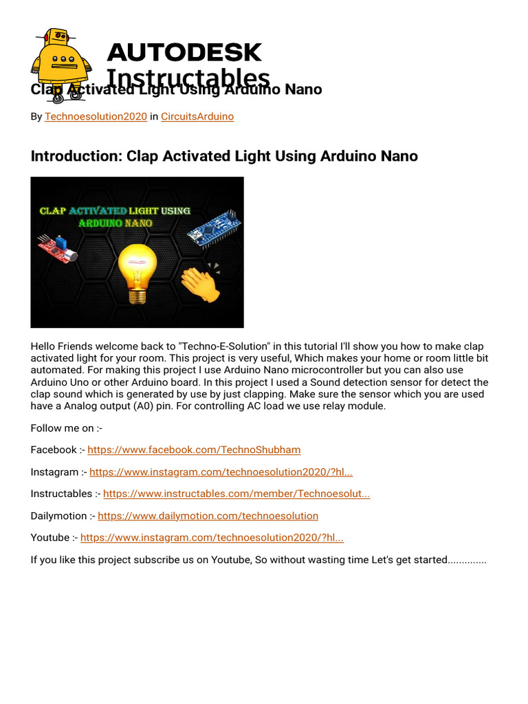 Clap Activated Light Using Arduino Nano - 5 Steps - Instructables | PDF | Arduino | Printed ...