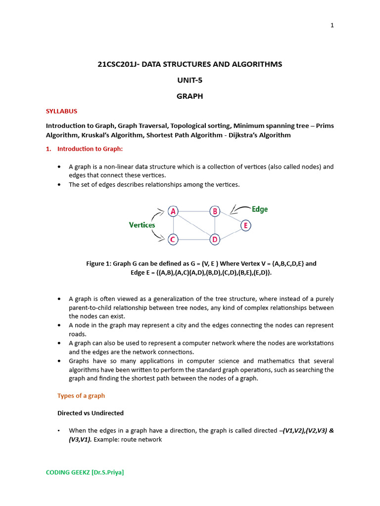 Unit-5 21CSC201J | PDF | Vertex (Graph Theory) | Algorithms