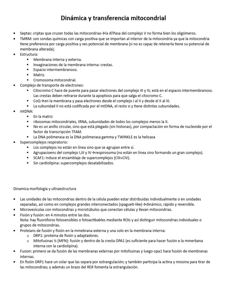 Dinámica y Transferencia Mitocondrial | PDF | Mitocondria | Citocromo C