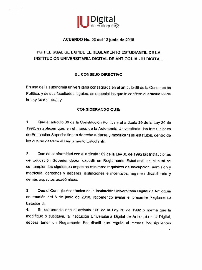 Acuerdo 003 - Reglamento Estudiantil | PDF