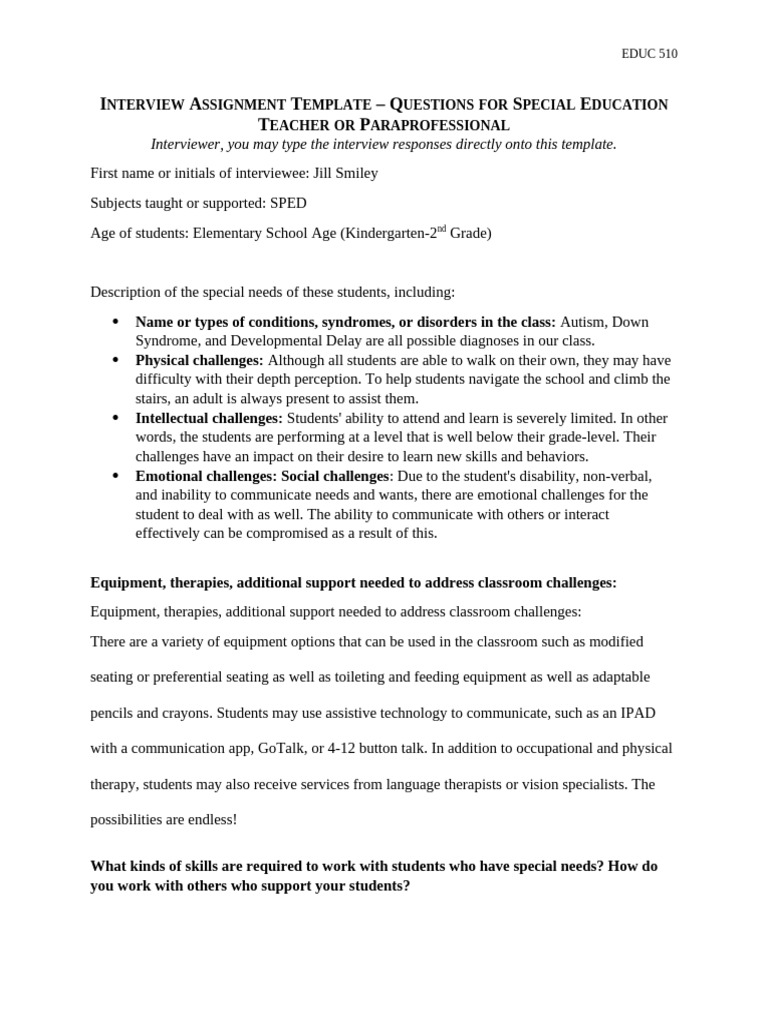 Interview Assignment Template - Questions For Special Education Teacher or Paraprofessional ...