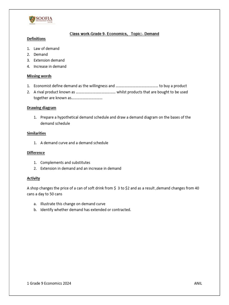 Definitions: Class Work-Grade 9-Economics, Topic: - Demand | PDF