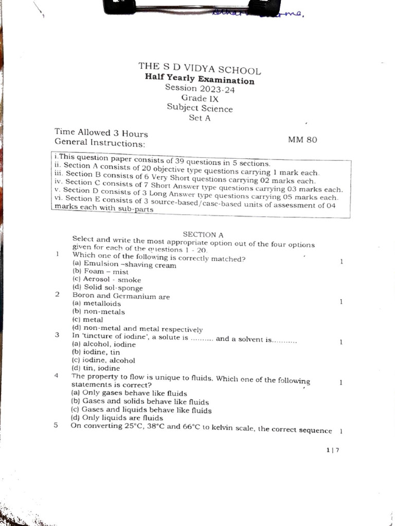Half Yearly Science Class 9 | PDF