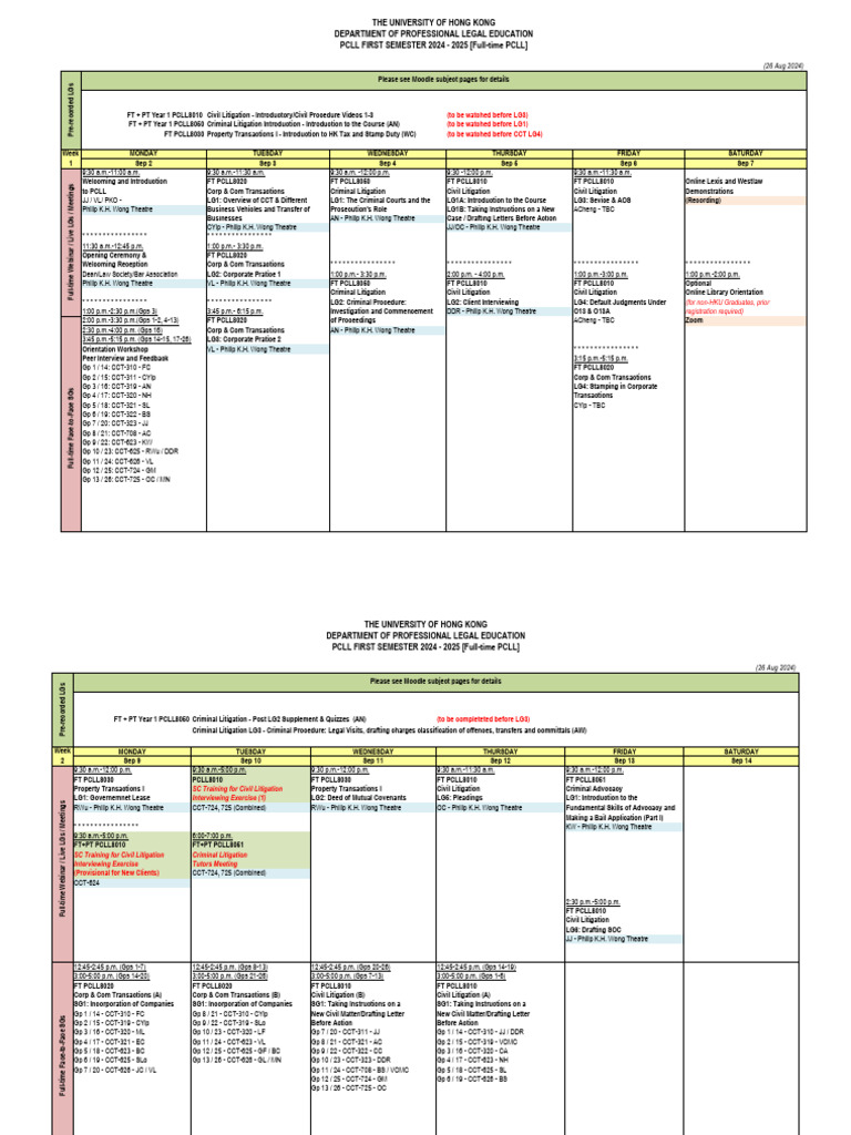 HKU PCLL Timetable 2024-2025 | PDF | Practice Of Law | Justice
