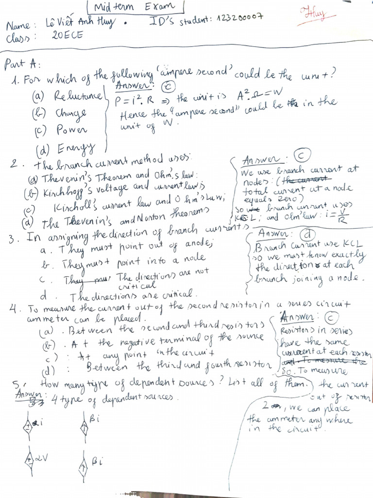 Lê Viết Anh Huy - 20ECE - Mạch Điện 1 Midterm | PDF