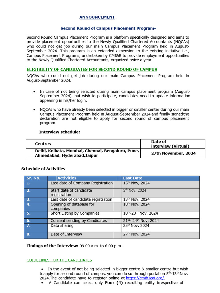 Second Round Campus Placement for NQCAs | PDF