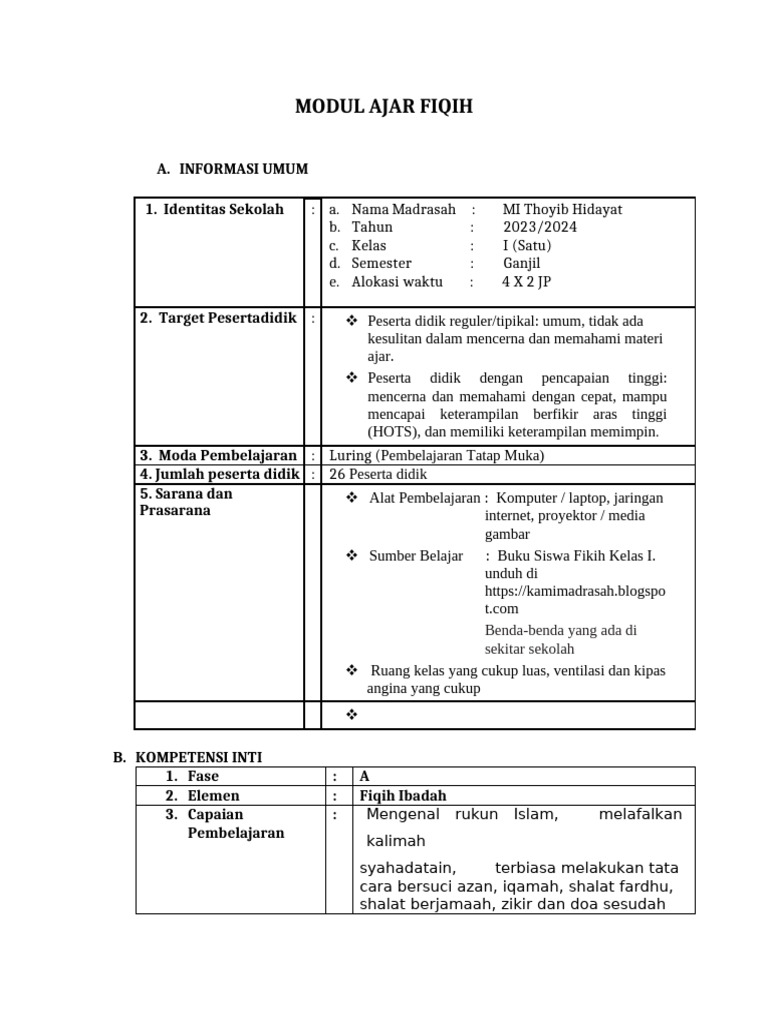 Bab 3 MODUL AJAR FIQIH Kls 1 | PDF