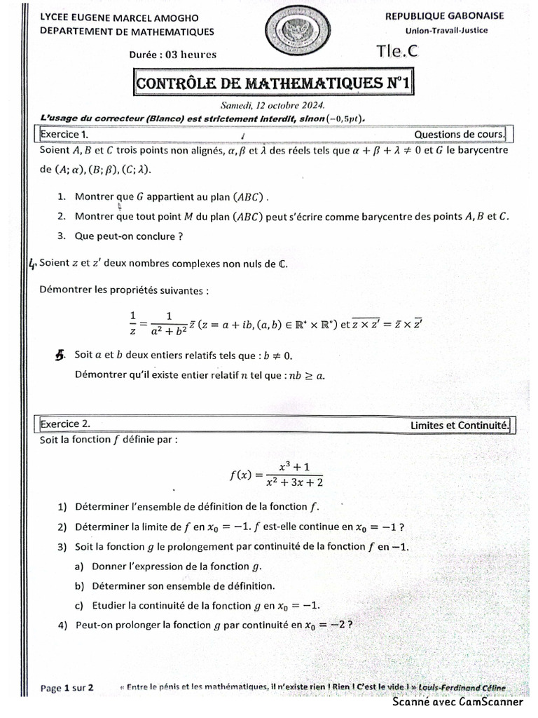 Proposition de Correction Devoir 1 Tle.C | PDF