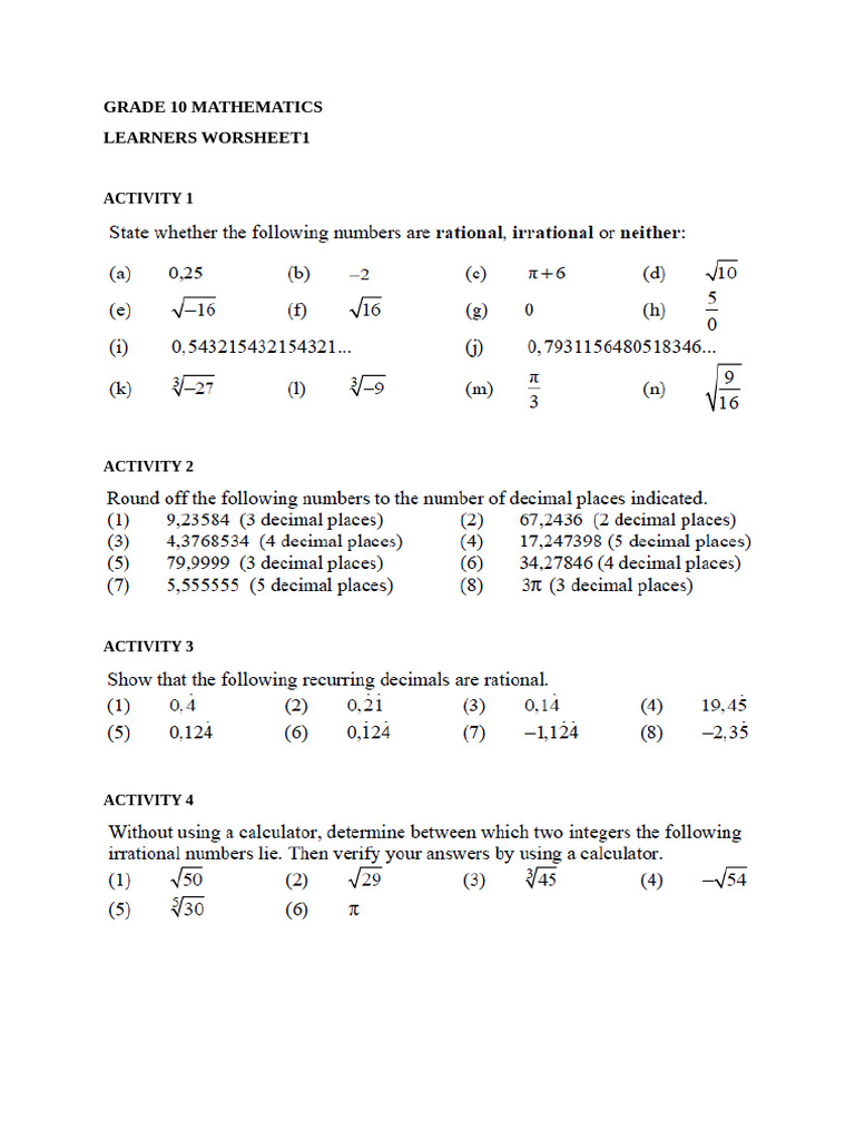 Grade 10 Mathematics Week 1 Worksheet | PDF | Language Arts & Discipline | Teaching Methods ...