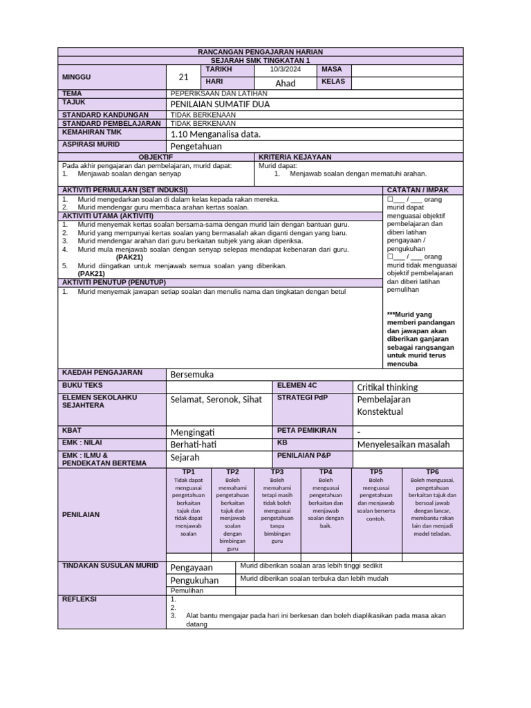 RPH SMK Minggu 21 Sejarah Tingkatan 1 2024 2025 by Cikgu Gorgeous | PDF