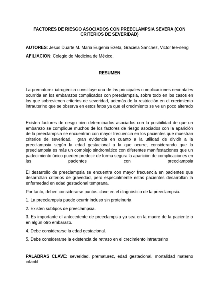 Factores de Riesgo Asociados Con Preeclampsia Sever1 | PDF