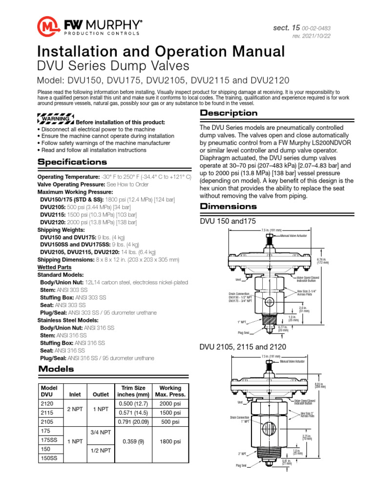 Installation and Operation Manual: DVU Series Dump Valves | PDF | Valve | Nut (Hardware)
