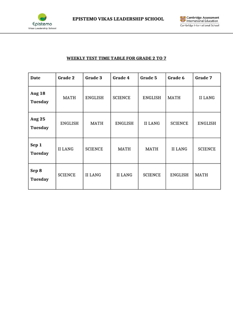 Weekly Test Schedule Grades 2-7 | PDF