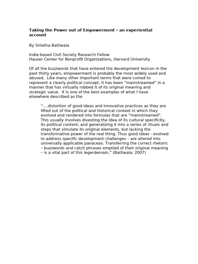 Batliwala 2007 Empowerment | PDF | Empowerment | Feminism
