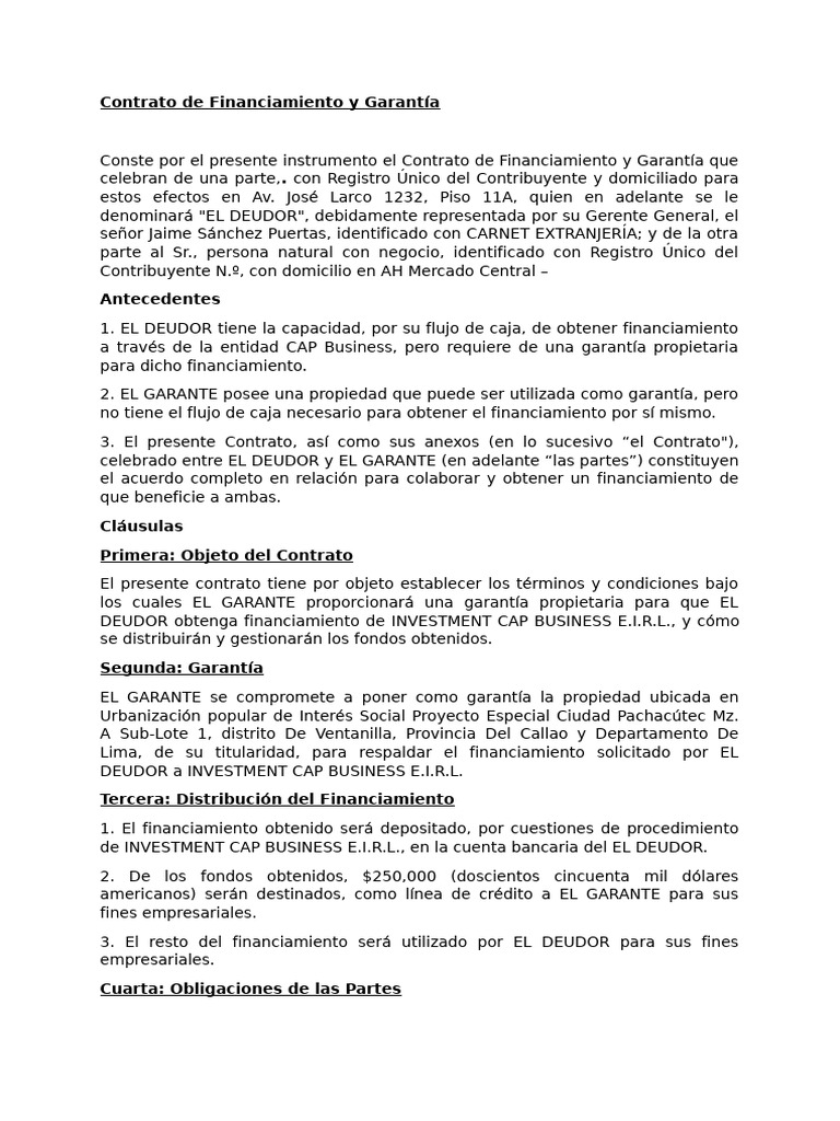 Modelo De Contrato De Financiamiento