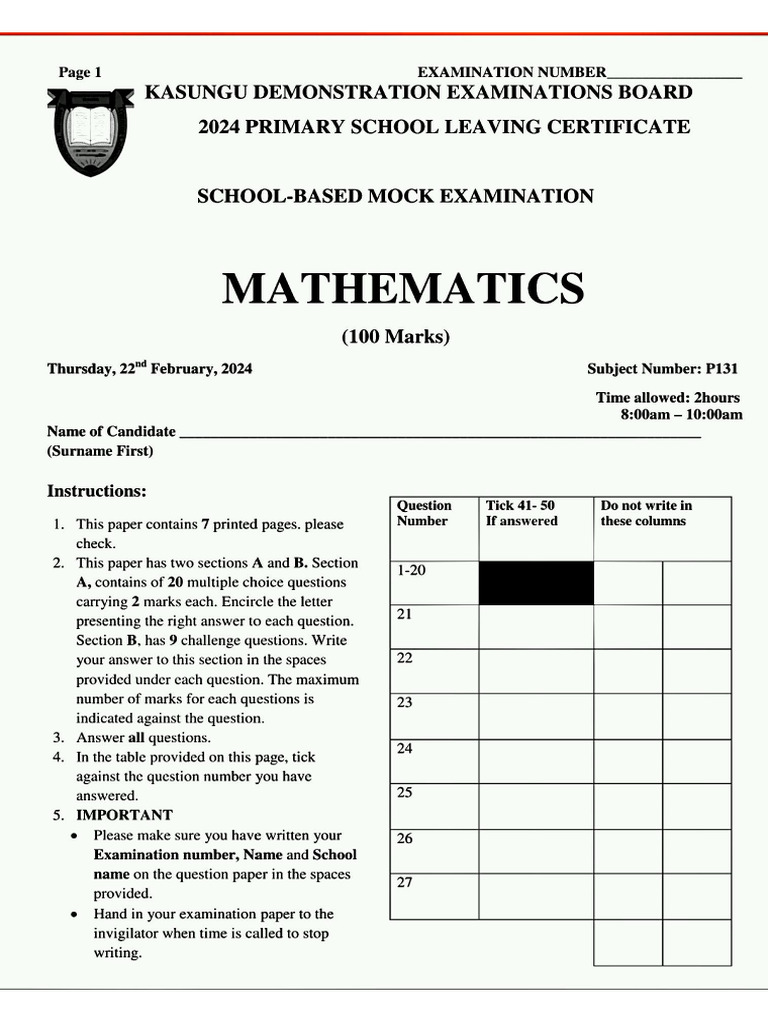 2024 Kudemo Mathematics Mock | PDF