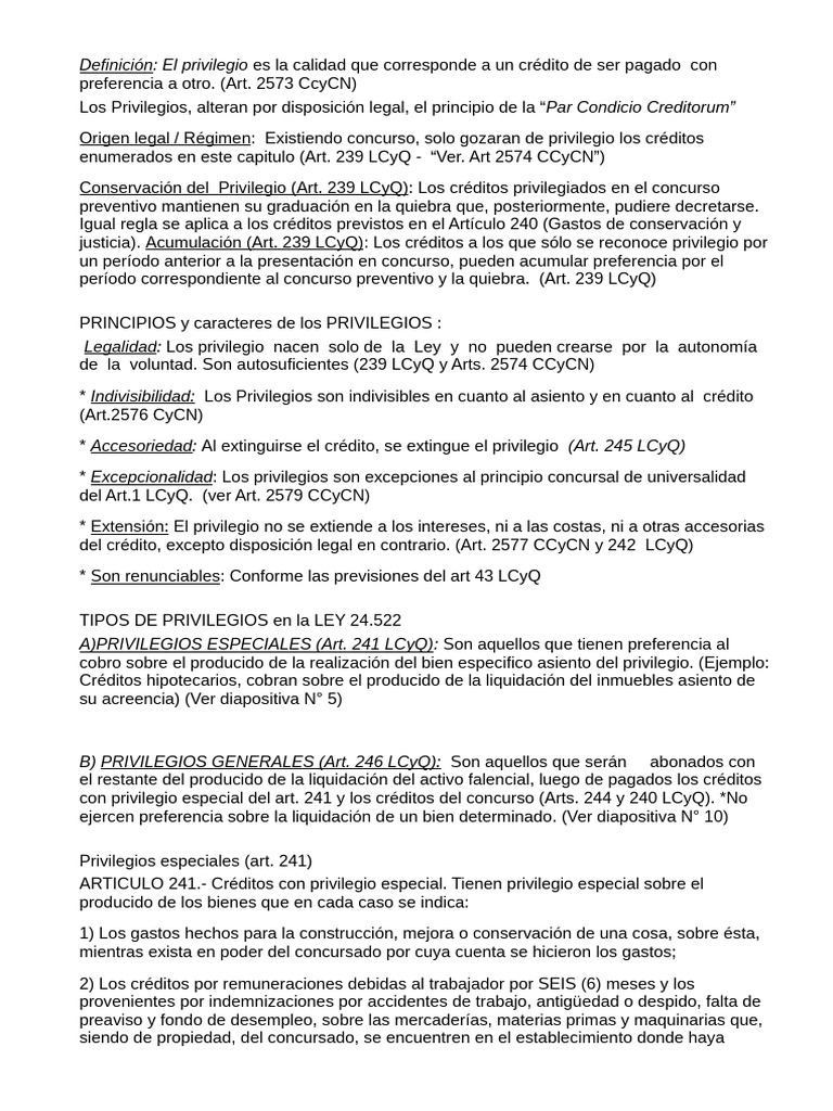 Tipos y Características de Privilegios en Concursos | PDF | Bancarrota ...