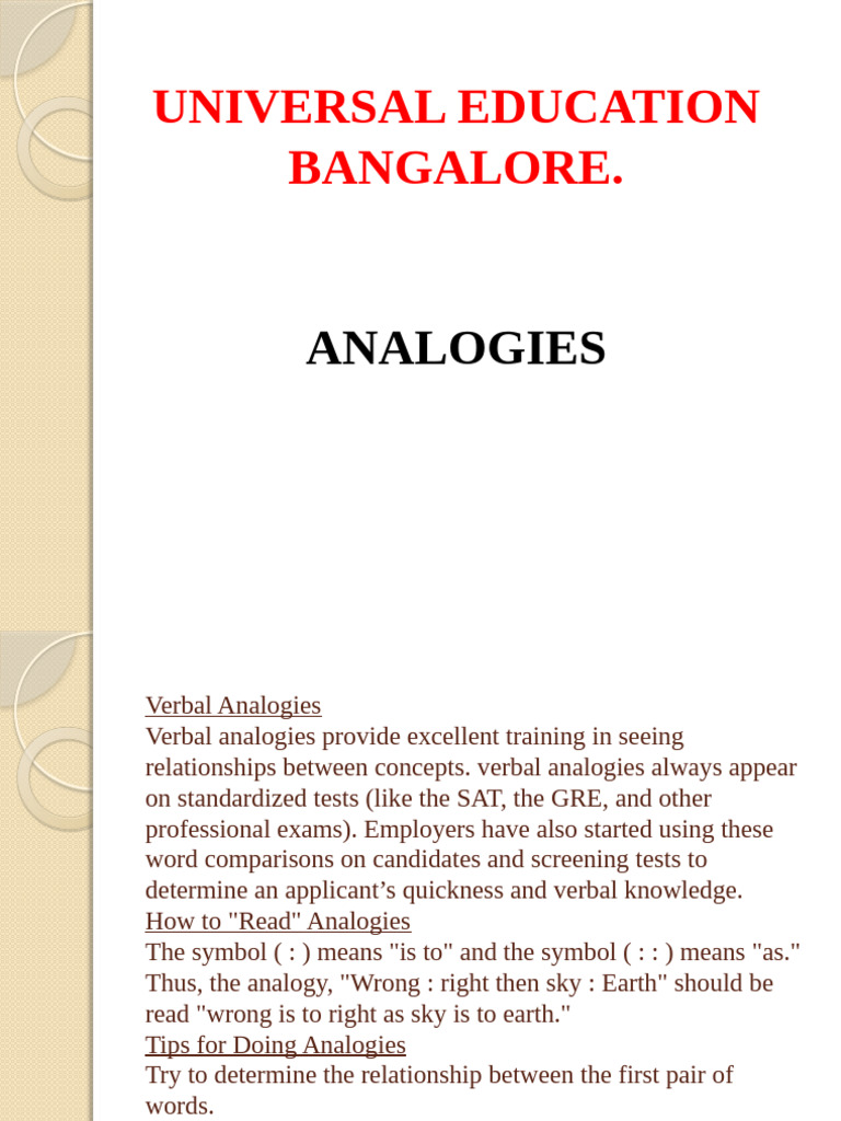 Verbal Analogies 094122 | PDF | Analogy