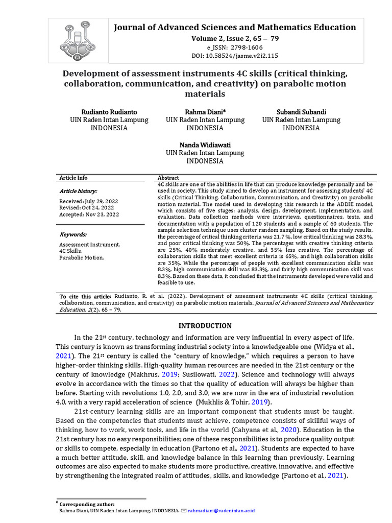 Development of Assessment Instruments 4C Skills CR | PDF | Educational Assessment | Critical ...