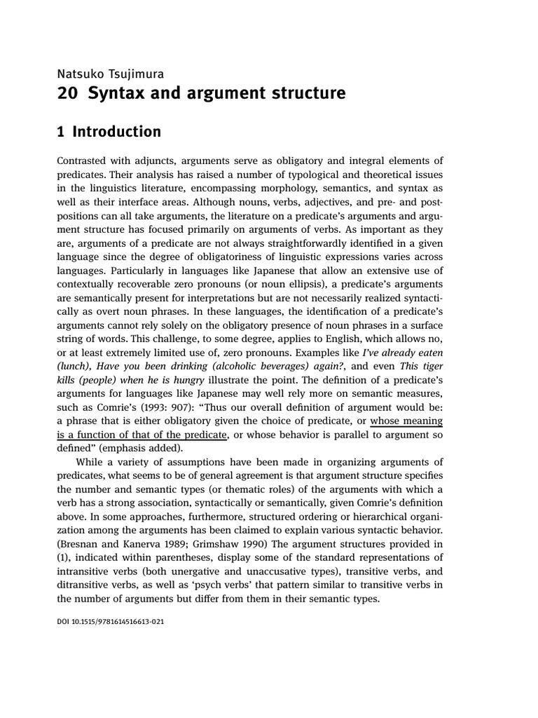 Tsujimura - Chapter - 20 - Syntax and Argument Structure | PDF | Lexical Semantics | Syntax