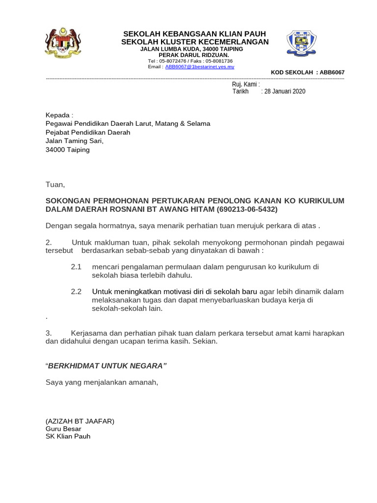 SURAT Sokongan SMK SK | PDF