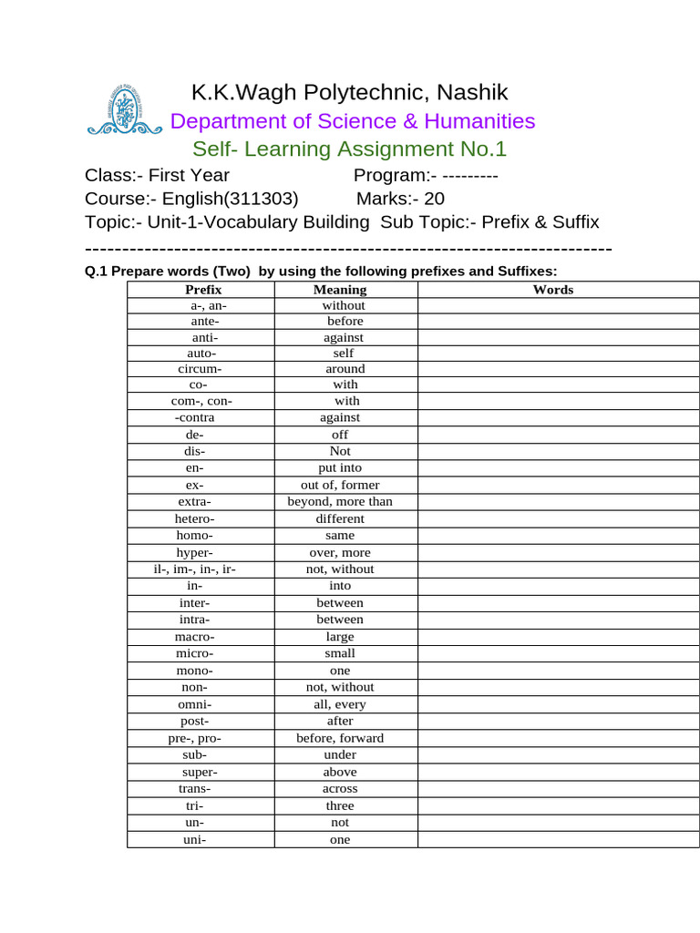 SLA - ENG - Assignment-1-Prefix & Suffix | PDF | Verb | Adjective