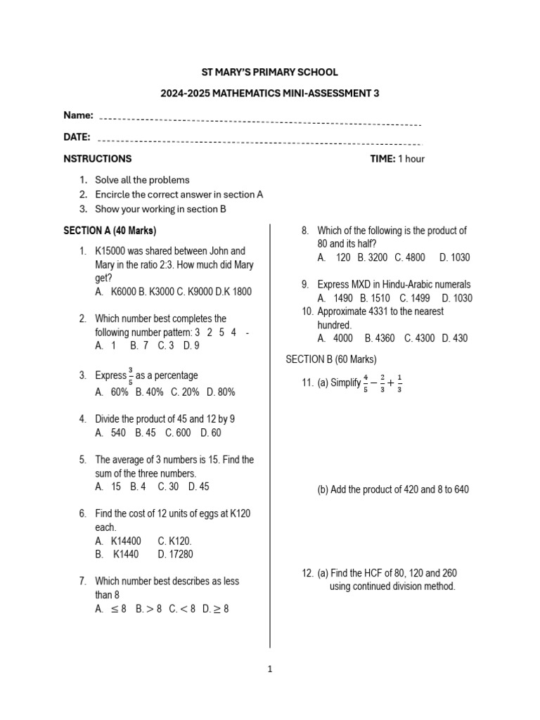 Mathematics Mini-Assessment 3 - 020132 | PDF | Applied Mathematics ...