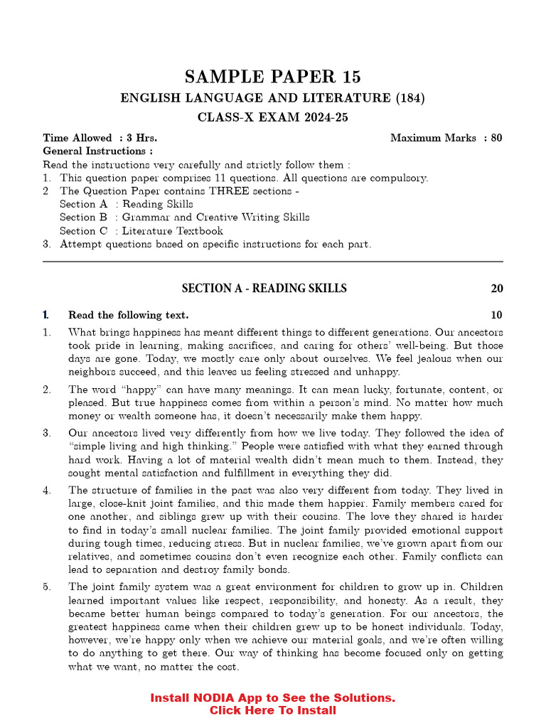 English Nodia Sample Paper | PDF | Mental Health | Family