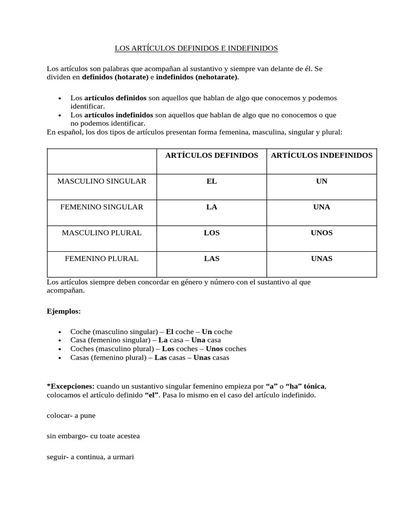 El Articulo Definido e Indefinido | PDF | Plural | Adjetivo