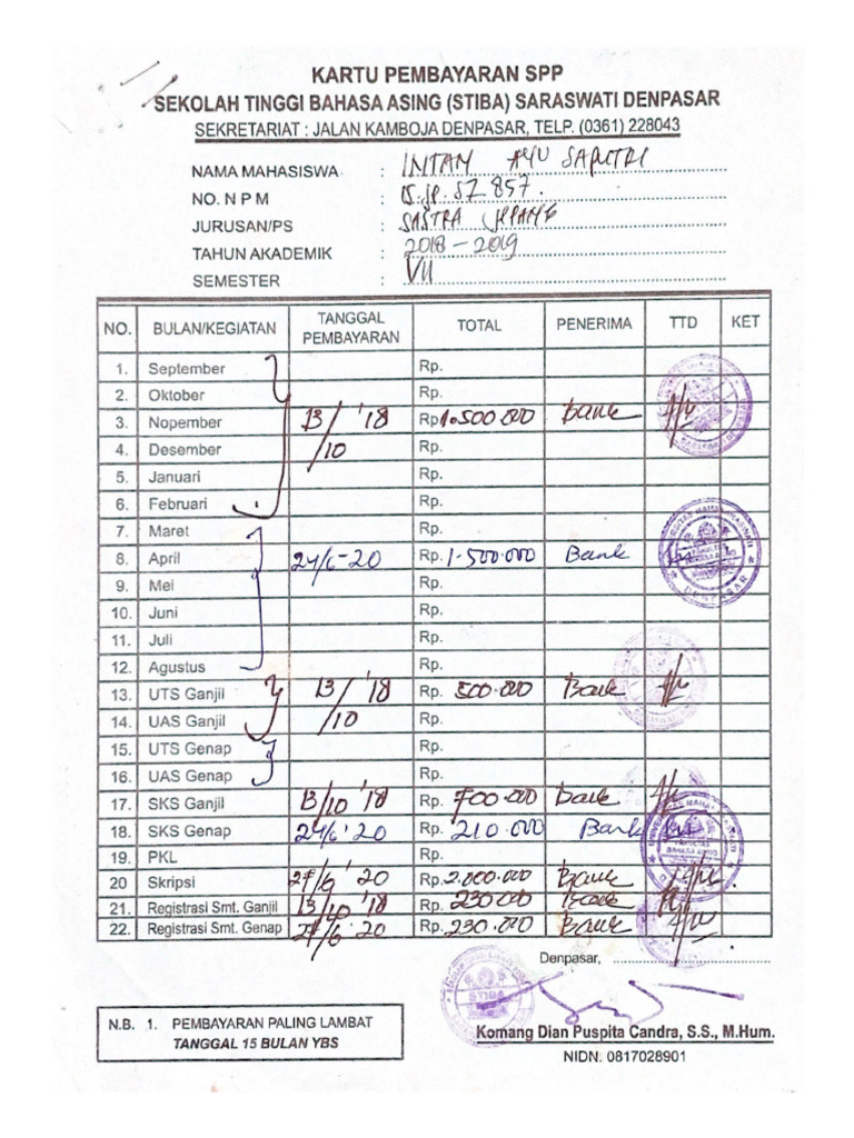 Kartu Pembayaran SPP 2 | PDF