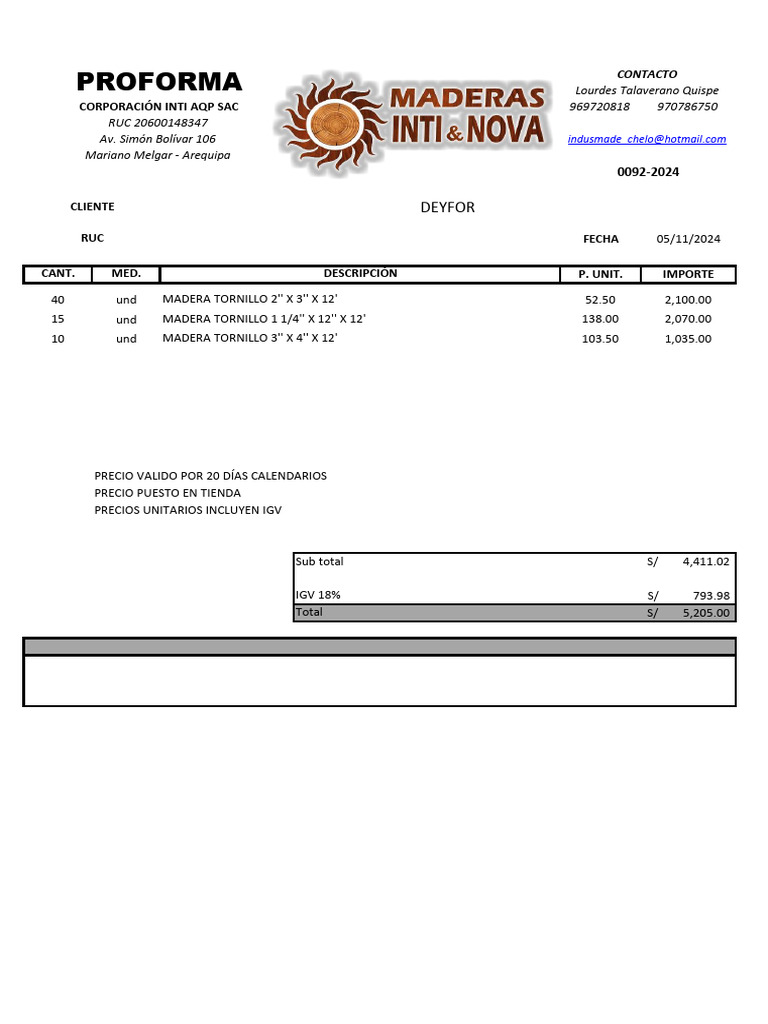 Cotizacion Madera Tornillo | PDF