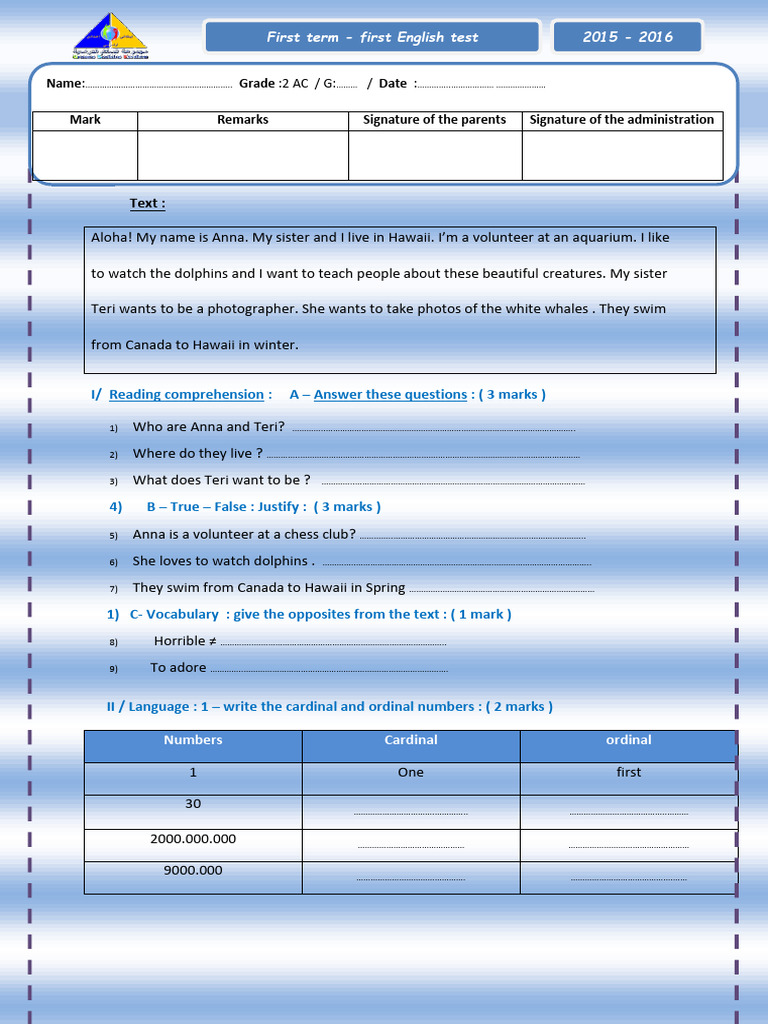 Test 1 Model 1 English 2ac First Term | PDF | Languages | Foreign ...