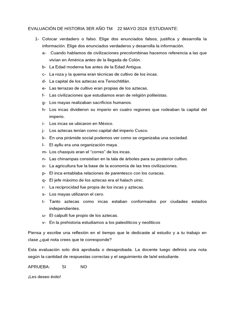 Evaluación de Historia 2 y 6 Tycer Año TM 22 Mayo 2024 Estudiante | PDF ...
