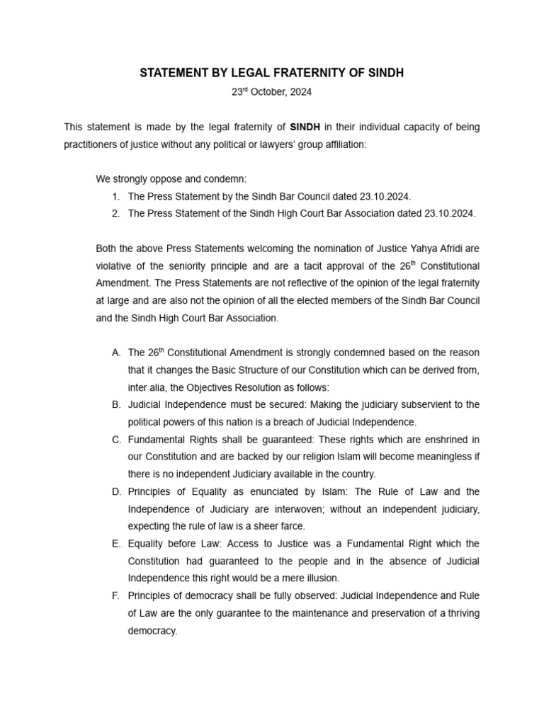 Sindh Legal Fraternity's Statement on Judiciary | PDF | Rule Of Law ...