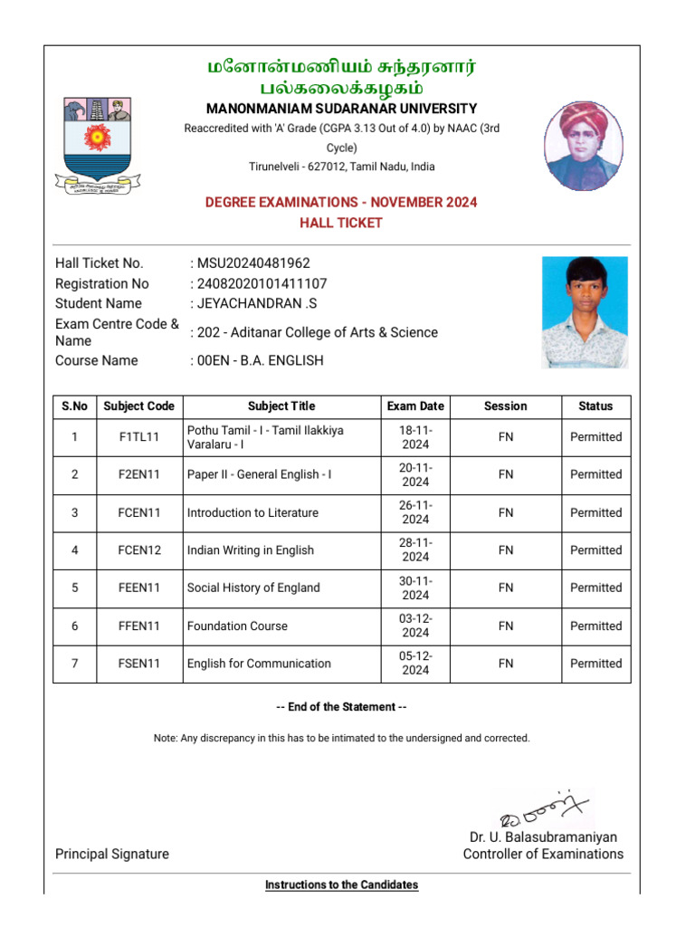 JEYA CHANDRAN-hallticket-nov2024 | PDF