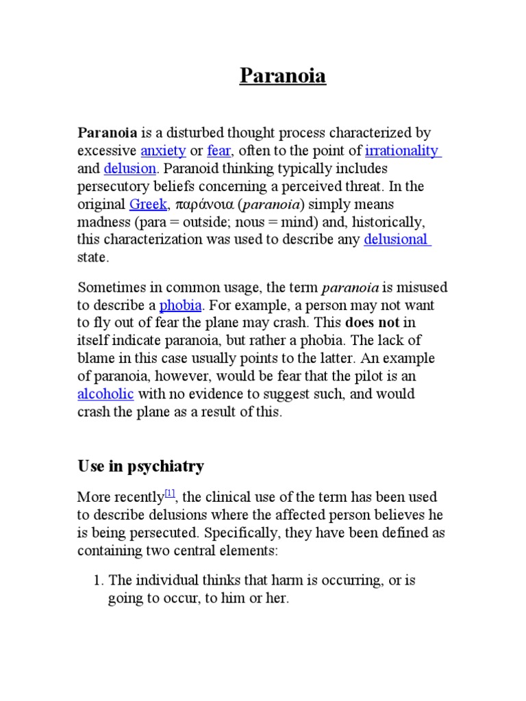 Paranoia Is A Disturbed Thought Process Characterized by Excessive ...