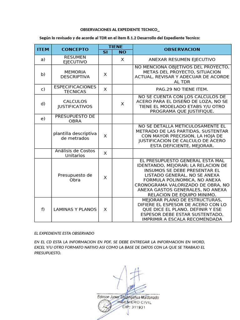 Observaciones Al Expediente Tecnico | PDF | Presupuesto | Informática