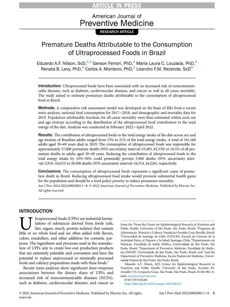 Premature Deaths Attributable To The Consumption of Ultraprocessed ...