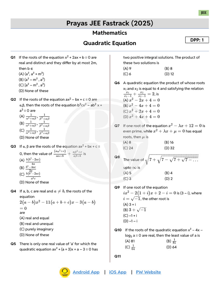 Quadratic Equation - DPP 01 - Prayas JEE Fastrack 2025 | PDF | Quadratic Equation | Mathematical ...