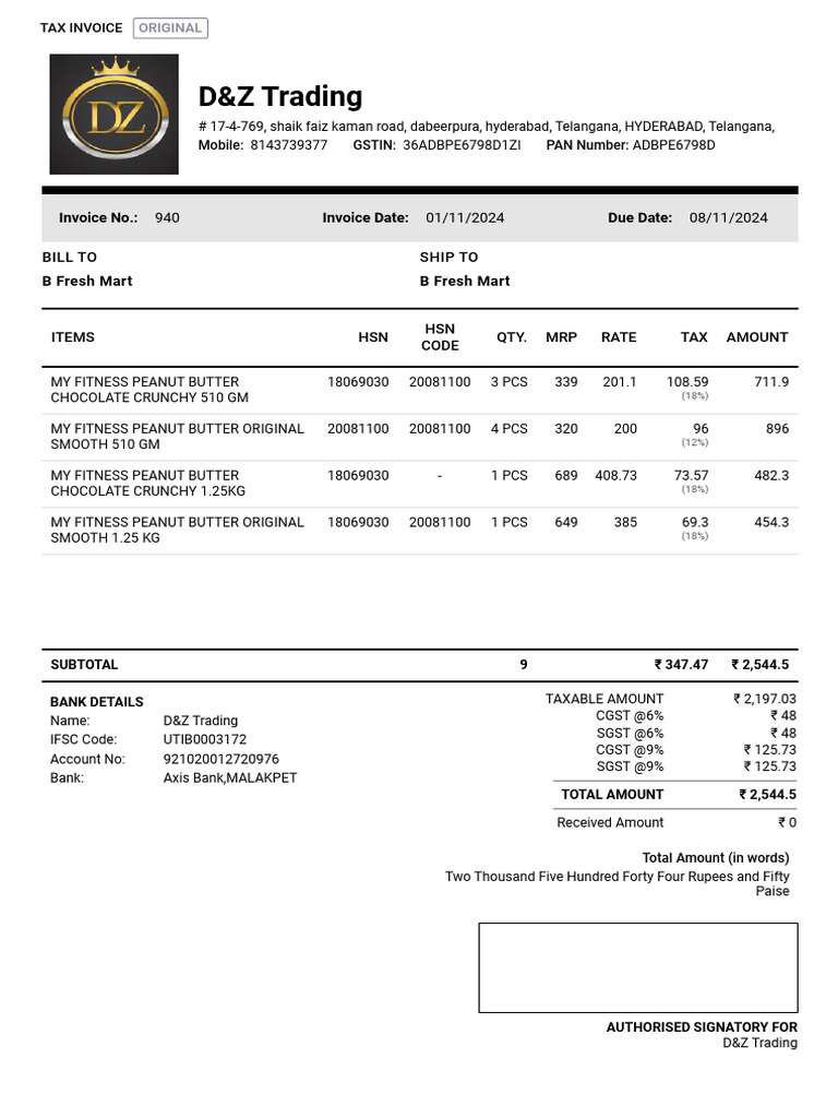 B Fresh Mart Sales Invoice 940 | PDF | Taxes | Taxation