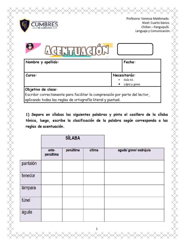 Actividades de Acentuación para Cuarto Básico | PDF